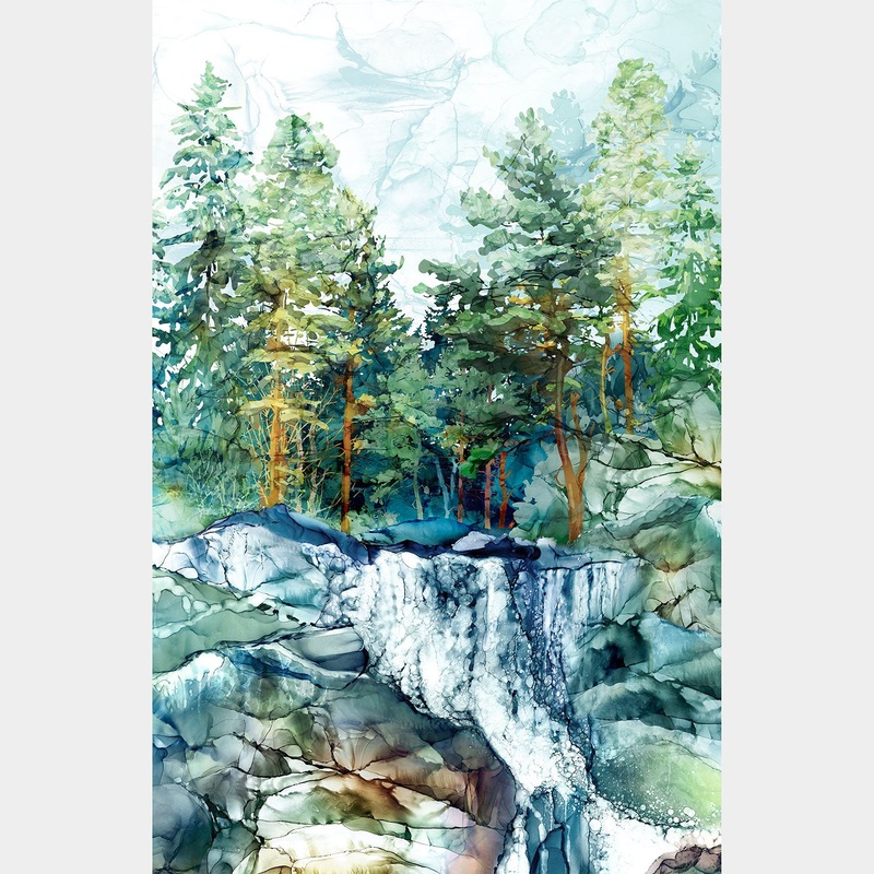 Cedarcrest Falls - Tree Waterfall Teal Multi Panel - Quilting Fabrics ...