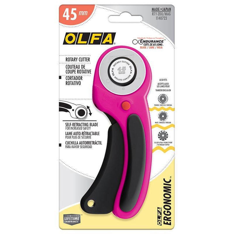 Olfa Ergonomic 45MM Rotary Cutter in Magenta - Quilting Fabrics, Sewing ...